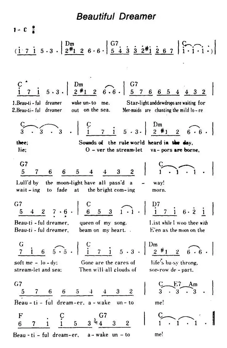 外国乐谱|Beautiful Dreamer(美国)_外国歌曲谱_乐器资源网